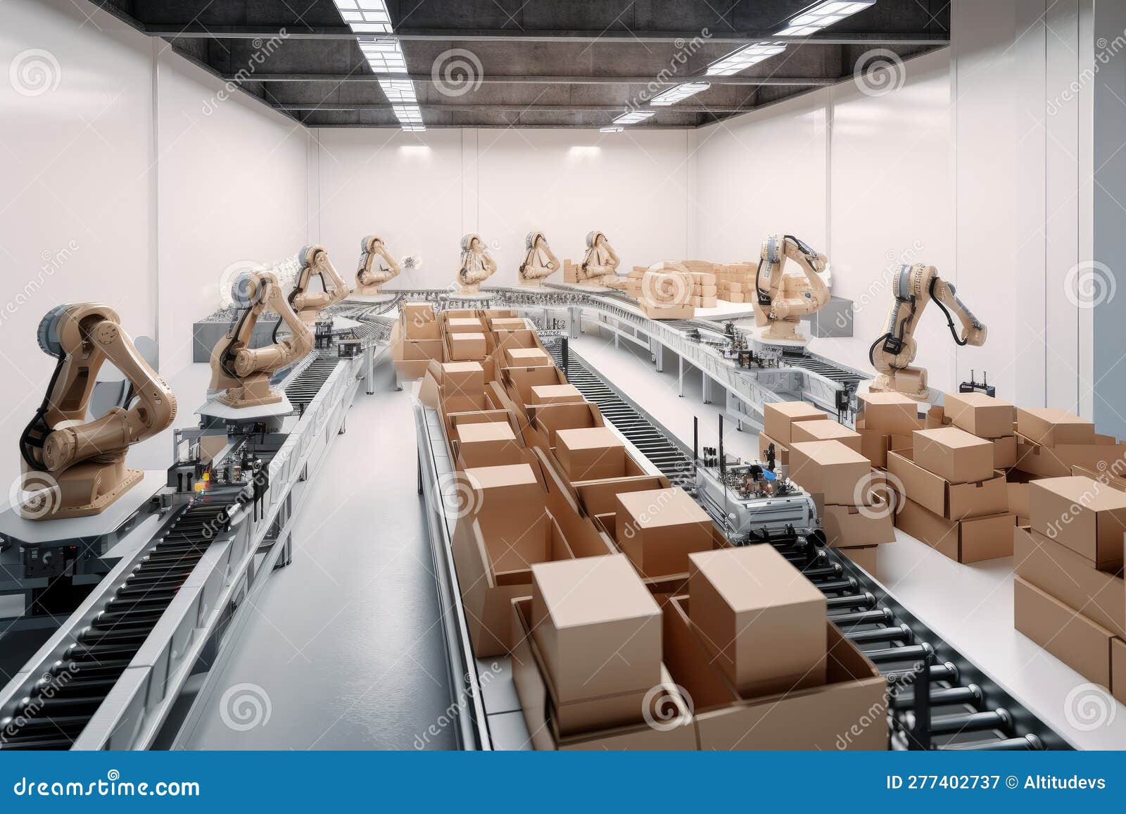 Packaging And Sorting Robotics Factory With Robots Working In Unison To Fill Orders Stock