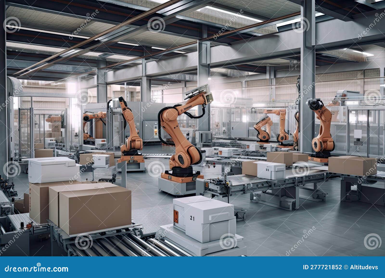 Packaging And Sorting Robotics Factory With Robots Working In Unison To Fill Orders Stock
