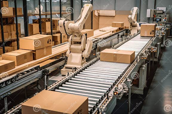 Packaging and Sorting Robots in Modern Warehouse with Conveyor Belts ...