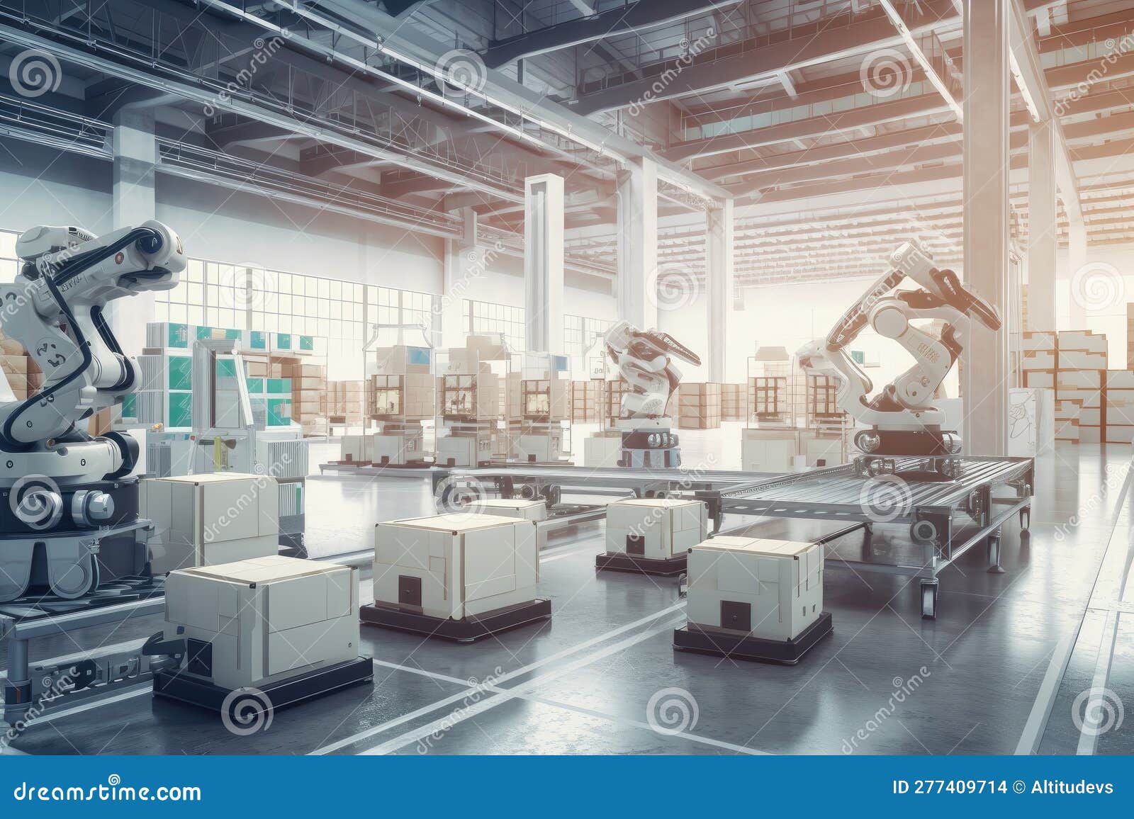 Packaging and Sorting Robots Working in Futuristic Warehouse, with ...