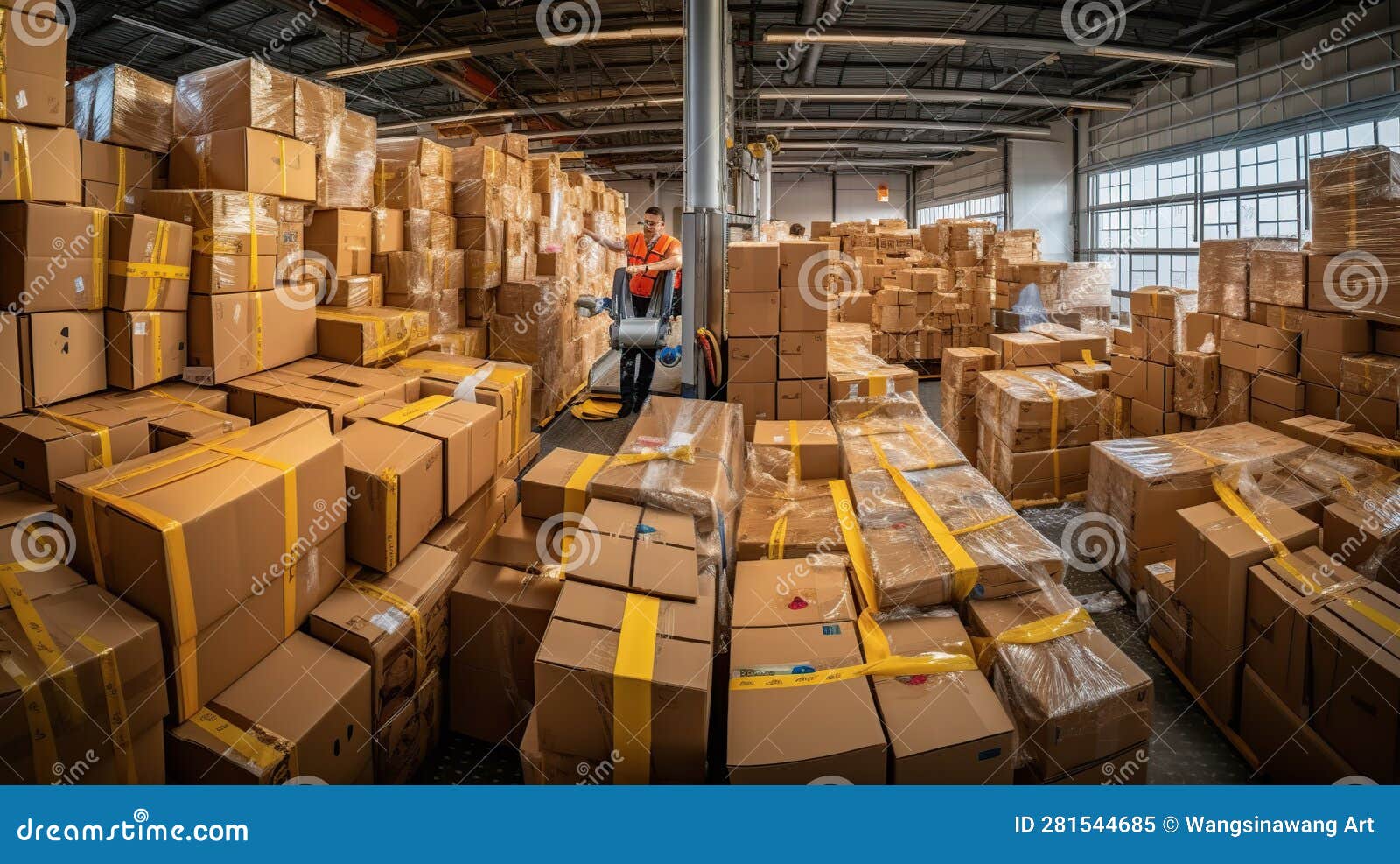 Packed Courier on Production Line Against Cardboard Boxes in Warehouse ...
