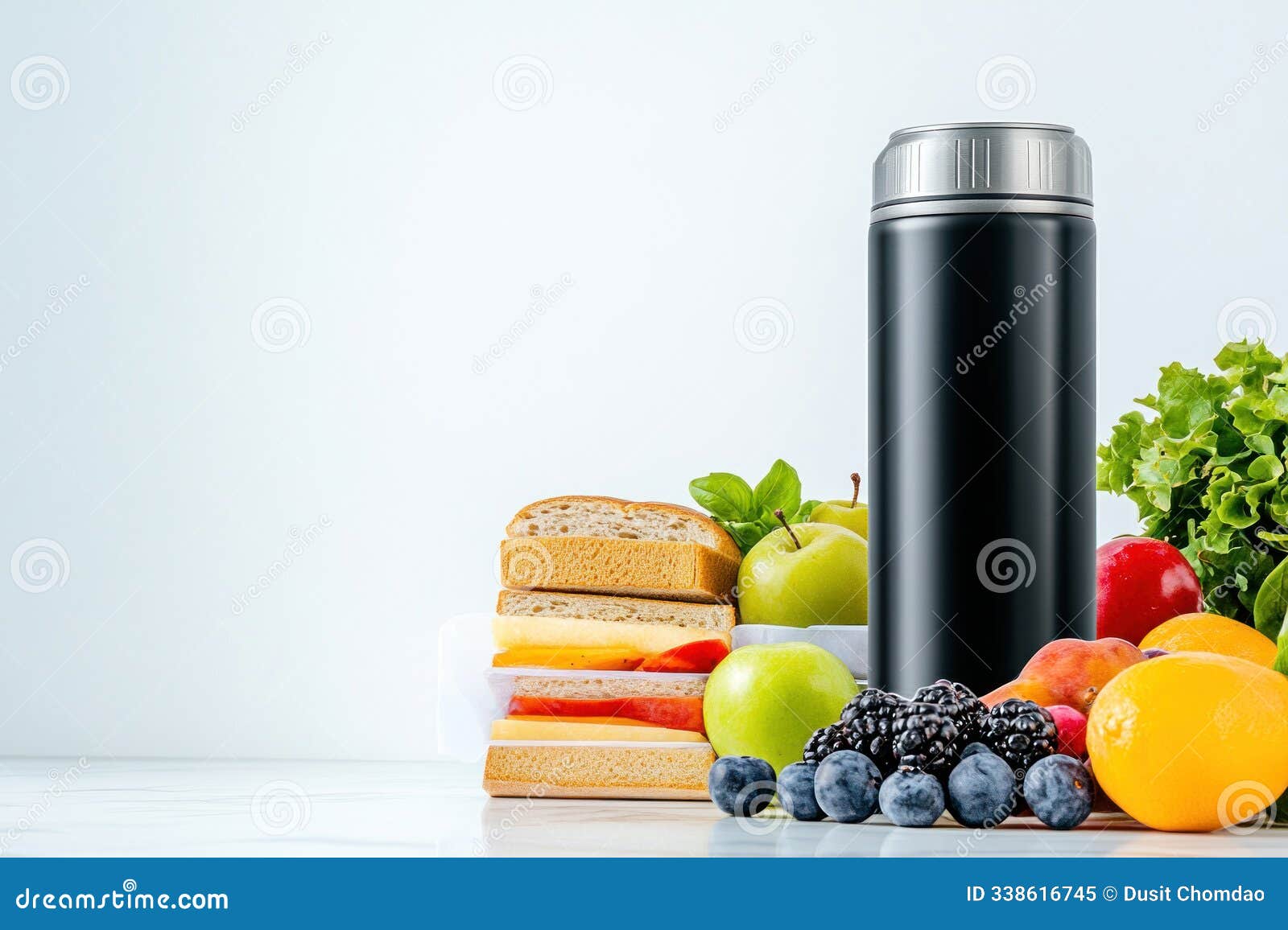 Packed Lunch Box with Fruits and Sandwiches on Kitchen Counter Stock ...