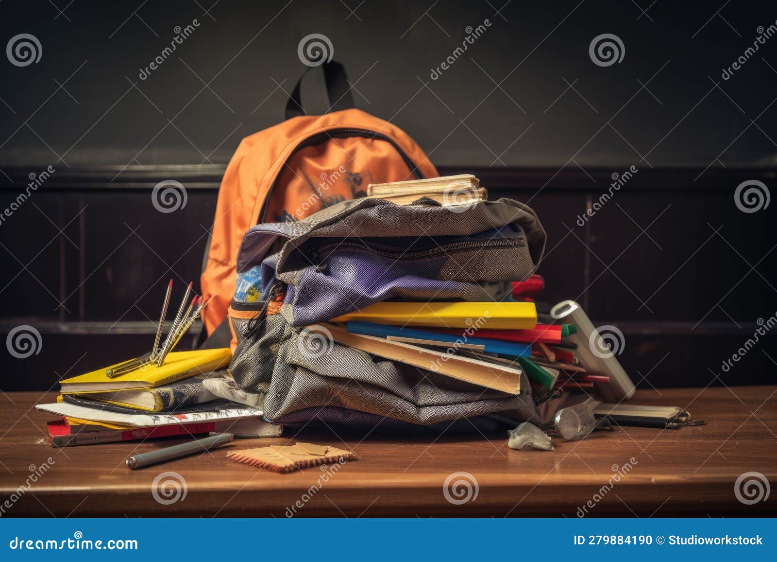 Packed School Backpack with Books, Pencils, and Other Essentials Stock ...