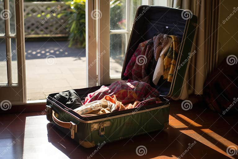 Packed Suitcase Next To an Open Front Door Stock Photo - Image of ...
