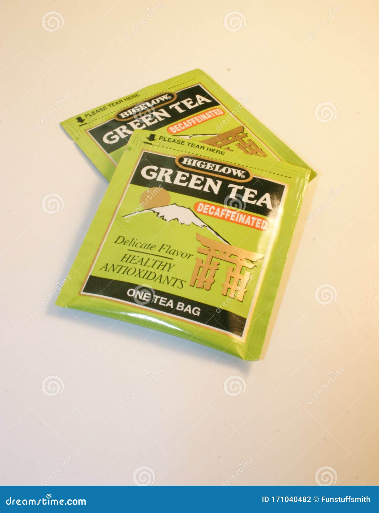 Packets of Bigelow Decaffeinated Green Tea on White Background ...