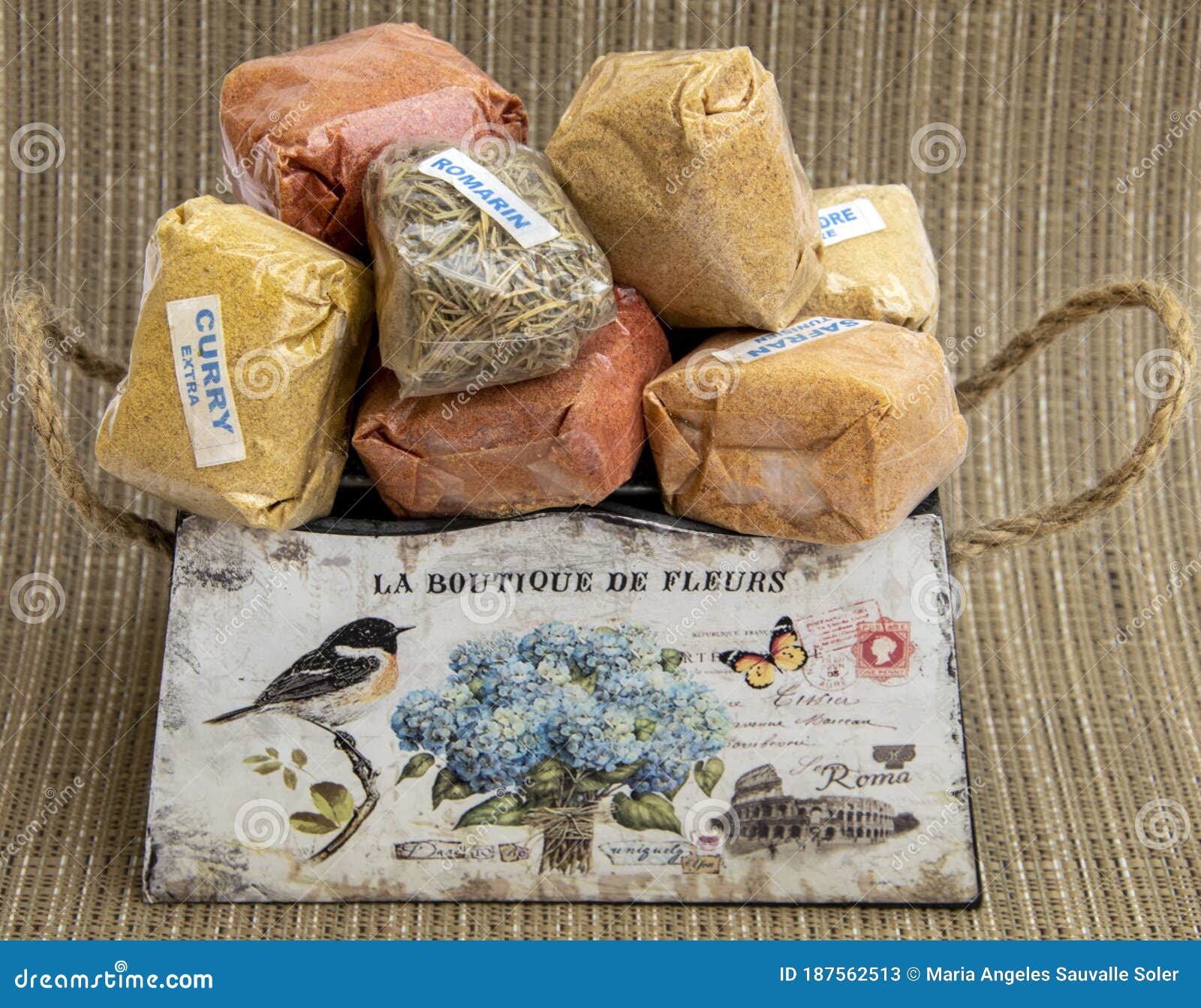 Spices in small packages. editorial stock photo. Image of indicating ...