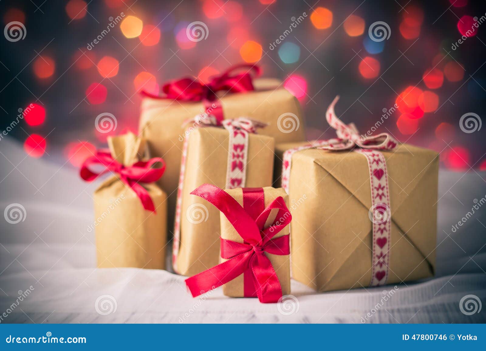 Packets Presents Christmas Background Colored Lights Gift Stock Photo ...