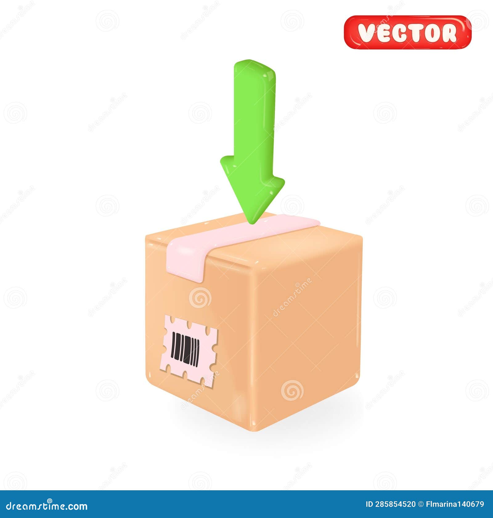 Packing Box Closed and Green Down Arrow. Vector Realistic 3d Icon Stock ...