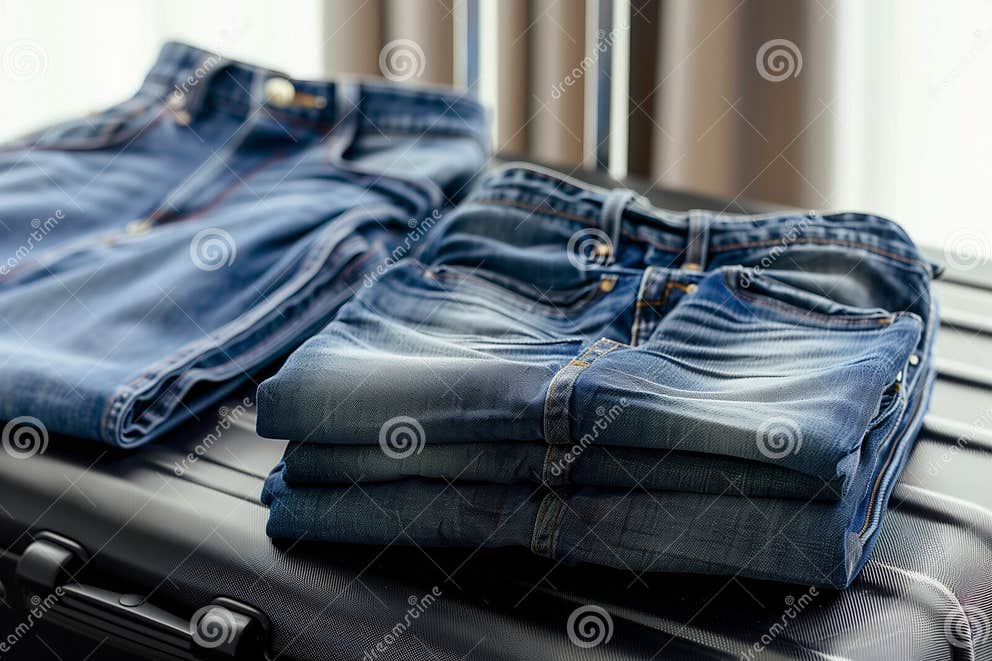 Packing Folded Jeans on One Side of a Suitcase Stock Photo - Image of ...