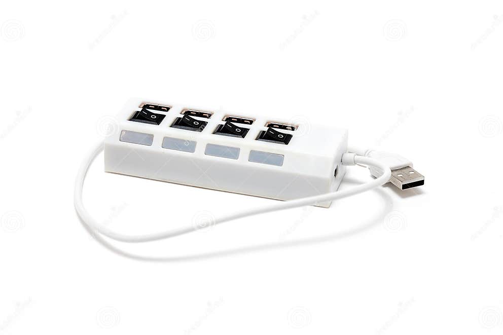 Packshot of White USB Hub with Four Ports and on Off Module Stock Photo ...