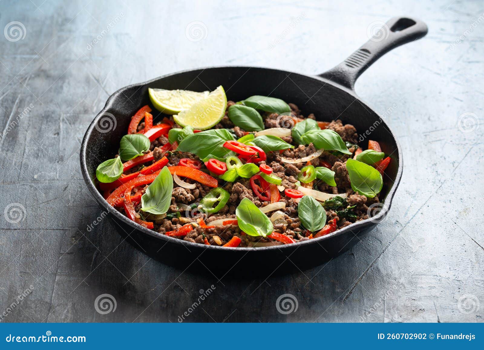 Pad Kra Pao Stir Fried Thai Basil, Minced Beef in Iron Cast Pan Stock ...