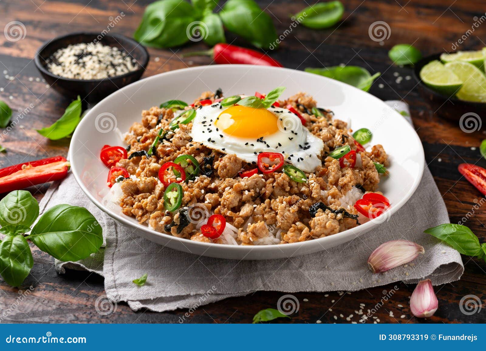 Pad Krapow Gai, Thai Basil Chicken with Rice and Fried Egg Stock Image ...