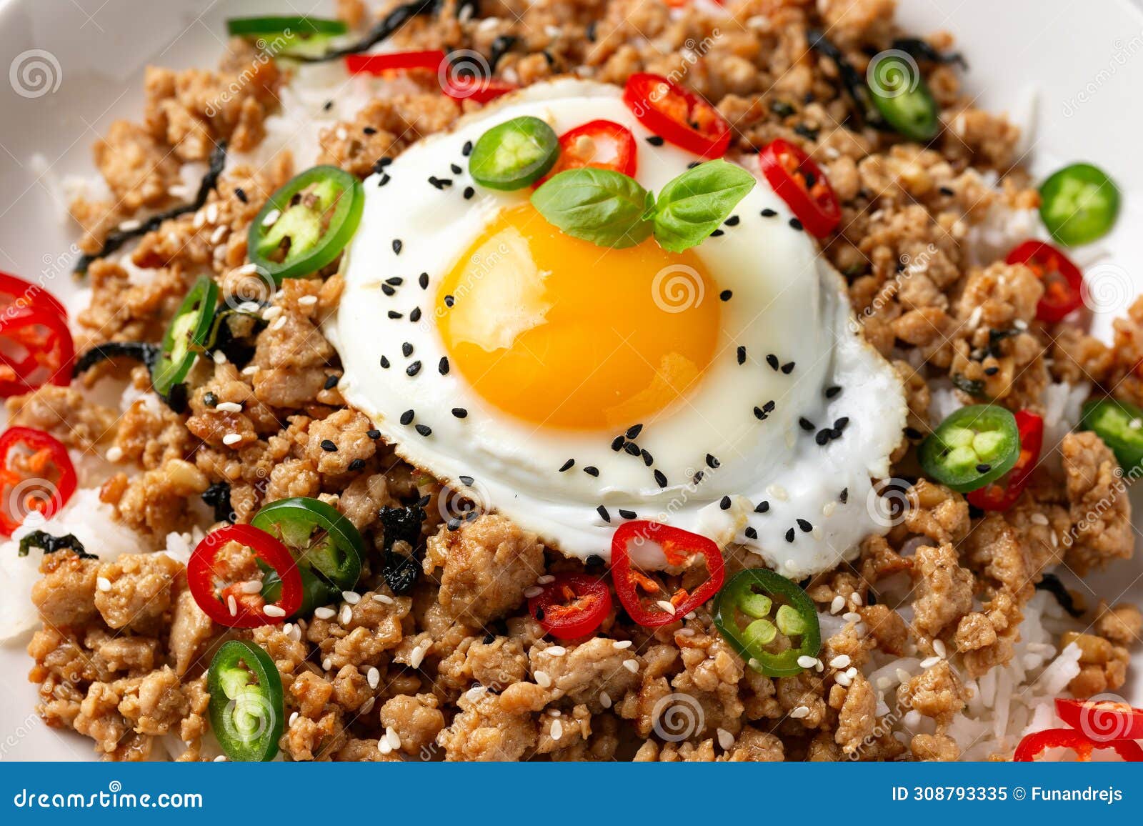 Pad Krapow Gai, Thai Basil Chicken with Rice and Fried Egg Stock Image ...