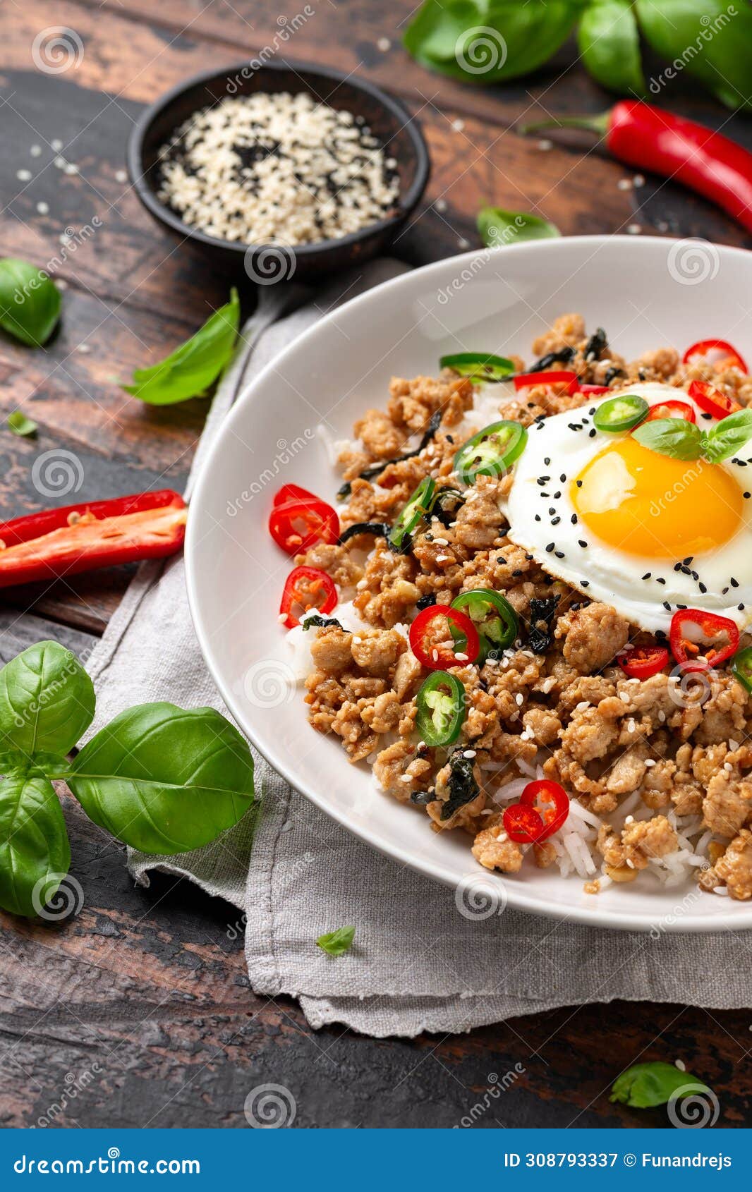 Pad Krapow Gai, Thai Basil Chicken with Rice and Fried Egg Stock Image ...