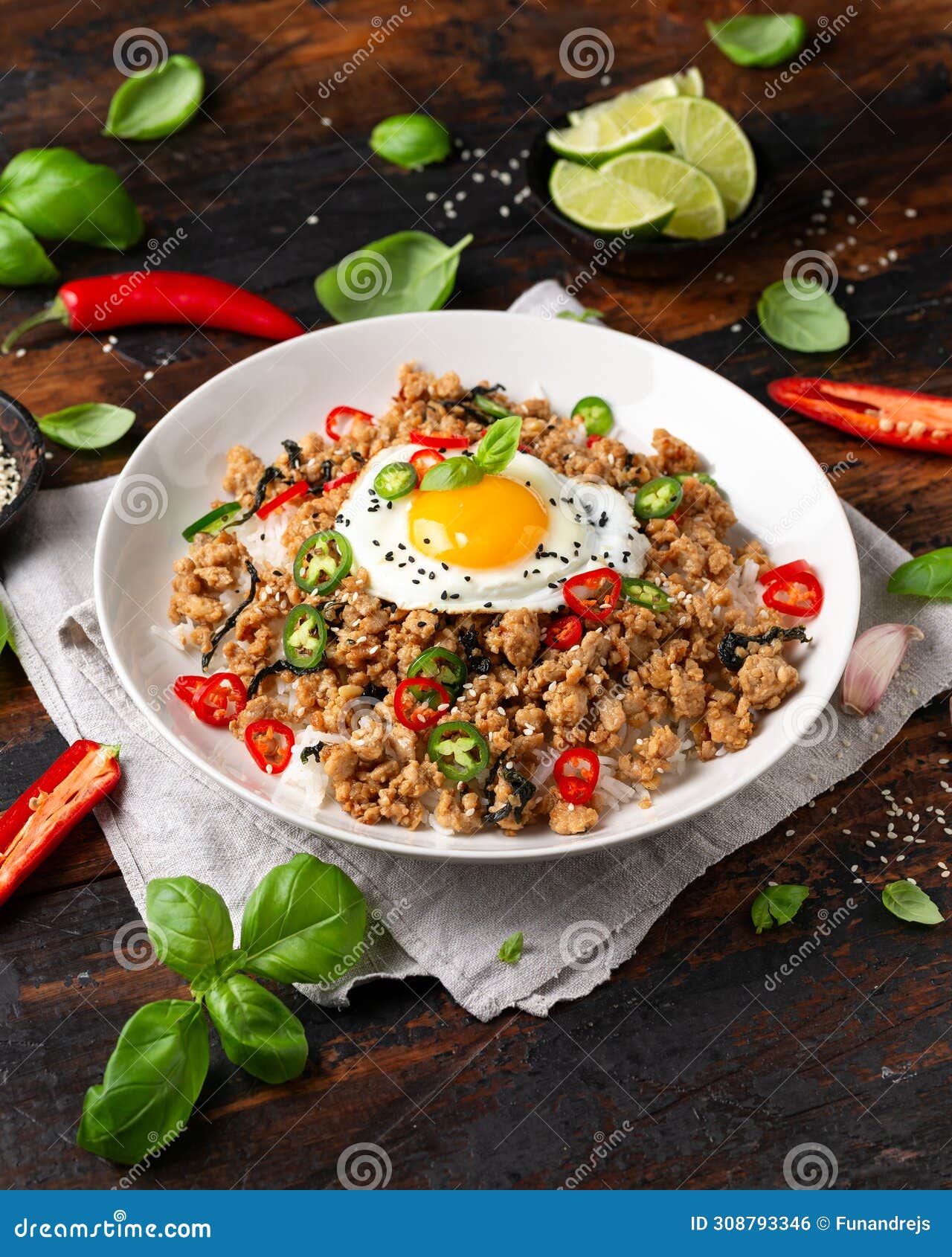 Pad Krapow Gai, Thai Basil Chicken with Rice and Fried Egg Stock Photo ...