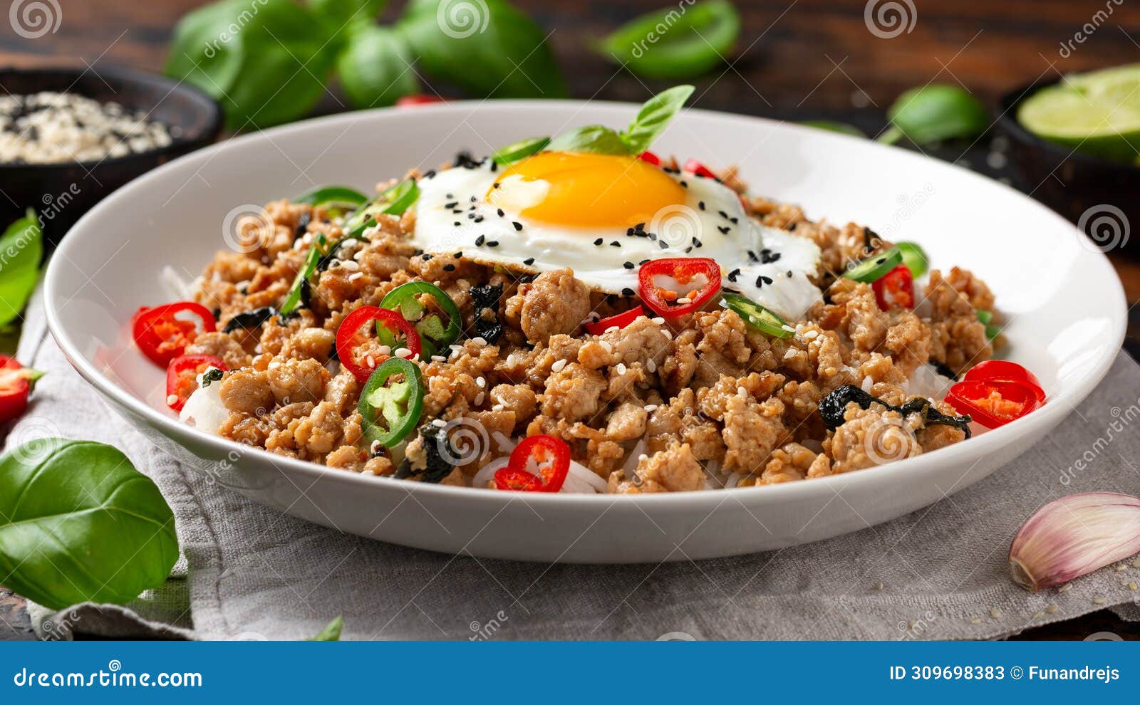 Pad Krapow Gai, Thai Basil Chicken with Rice and Fried Egg Stock Image ...