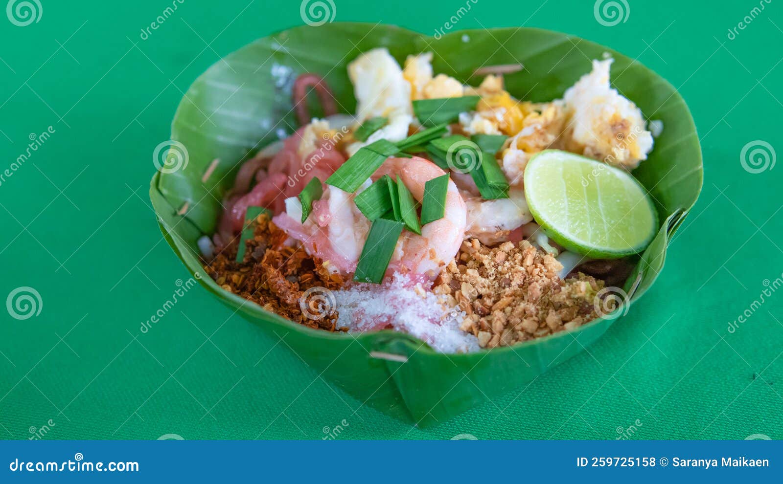 Pad Thai Birds Eye View Stir Fried Rice Noodle Dish In Green Banana Leaves Krathong Served