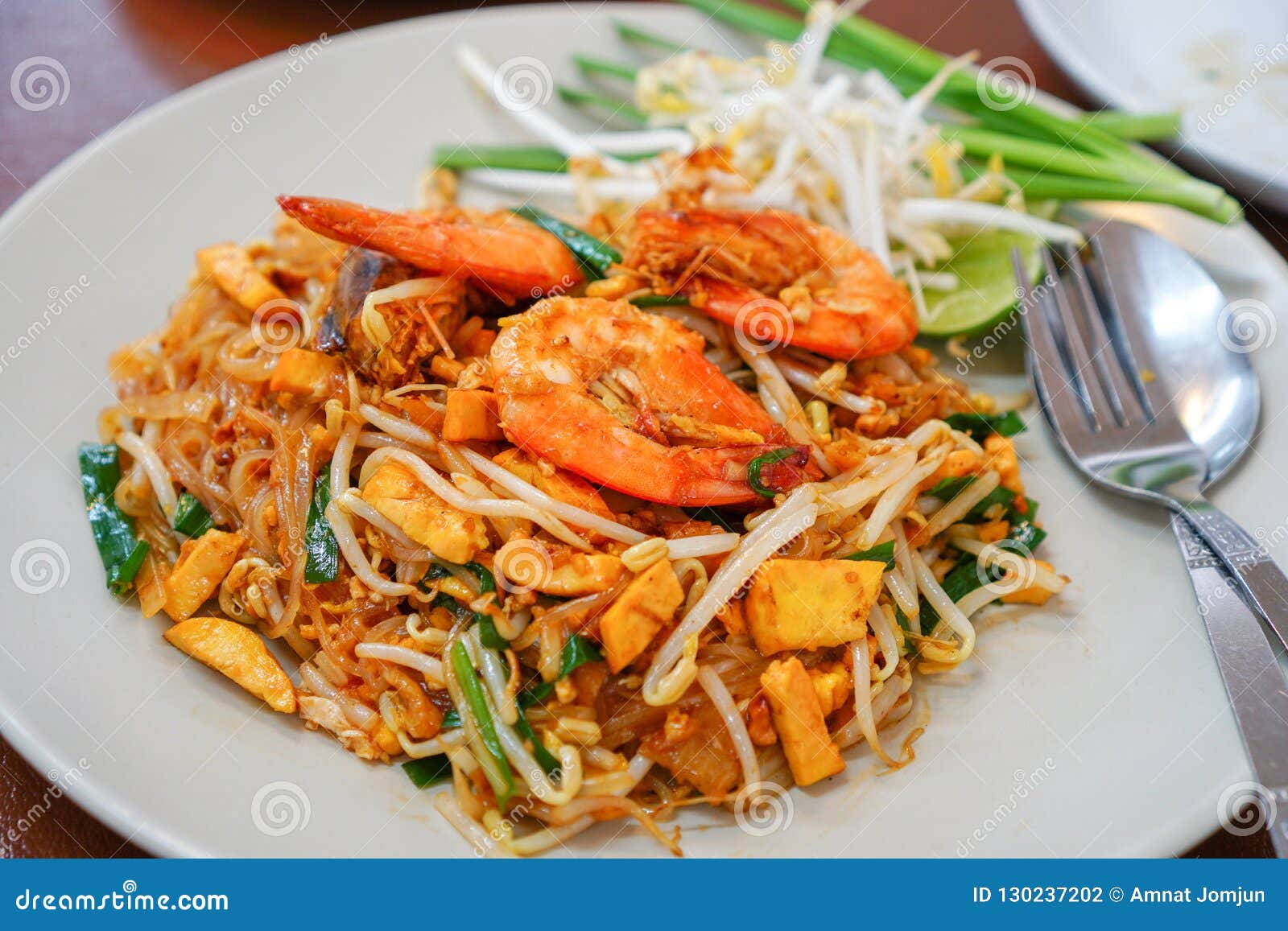Pad Thai Goong Sod on a White Plate Stock Photo - Image of stir, asian ...