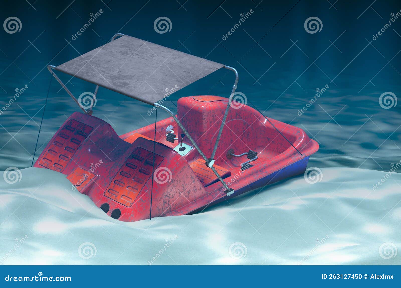 Paddle Boat on Ocean Bottom Underwater. 3D Rendering Stock Illustration ...