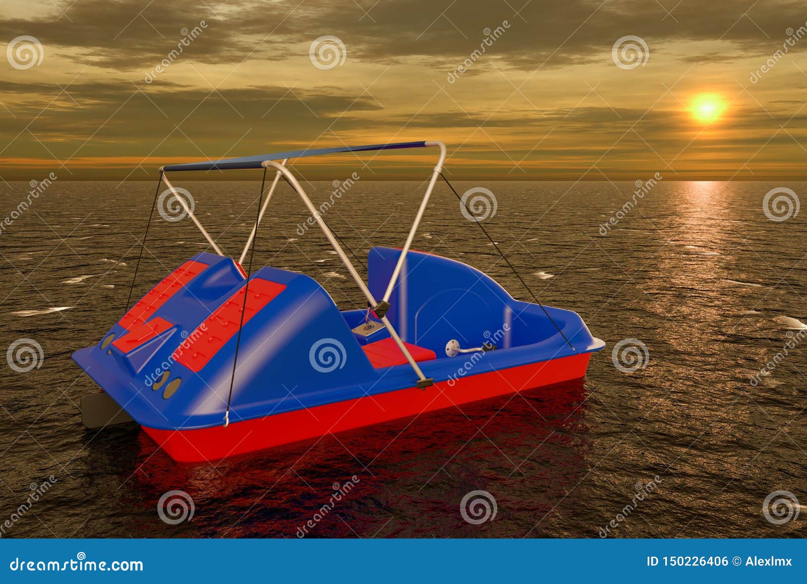 Paddle Boat in Sea at Sunset, 3D Rendering Stock Illustration ...