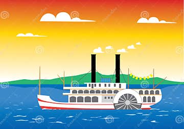 Paddle Steamer on the River Stock Vector - Illustration of sunset ...