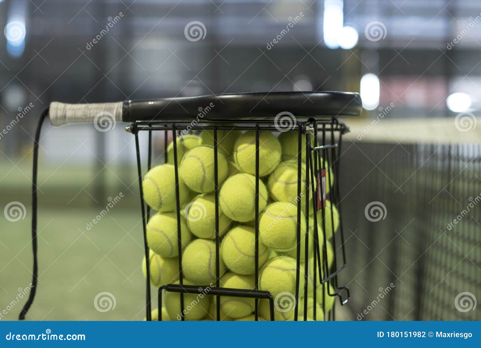 Paddle Tennis Racket, Basket and Balls in Court Stock Photo - Image of ...