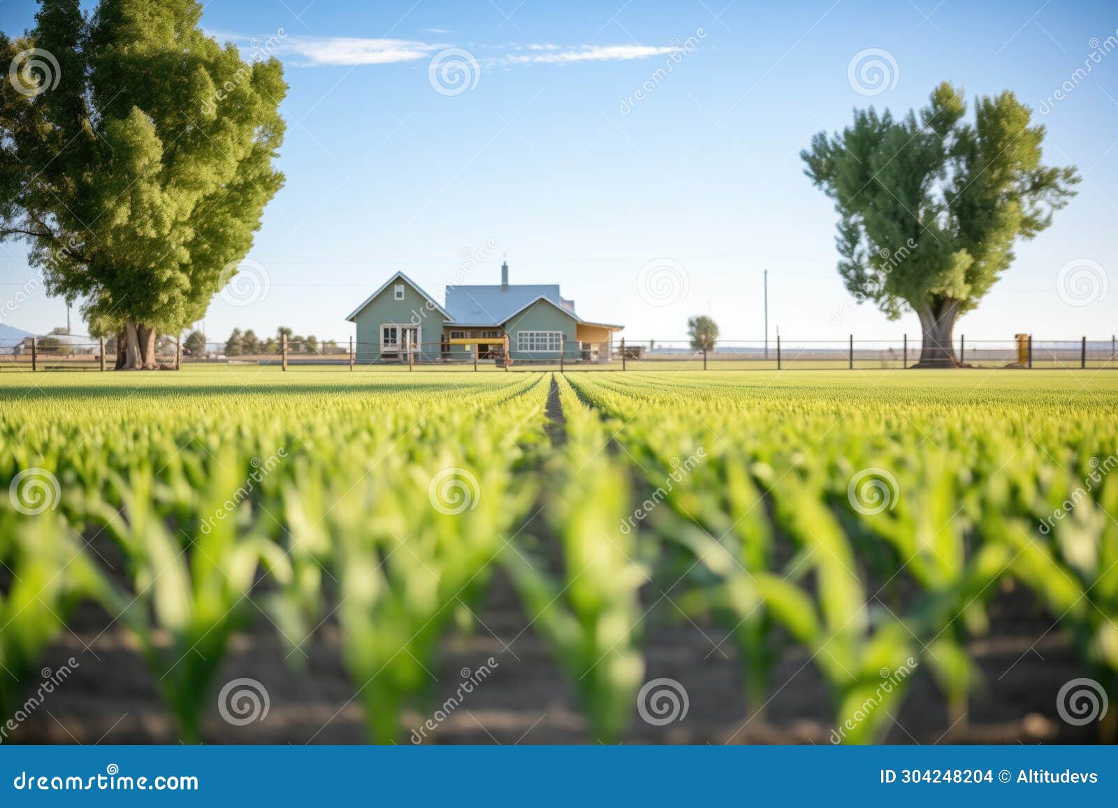 Paddock with Rows of Corn and Ranch in the Distance Stock Photo - Image ...