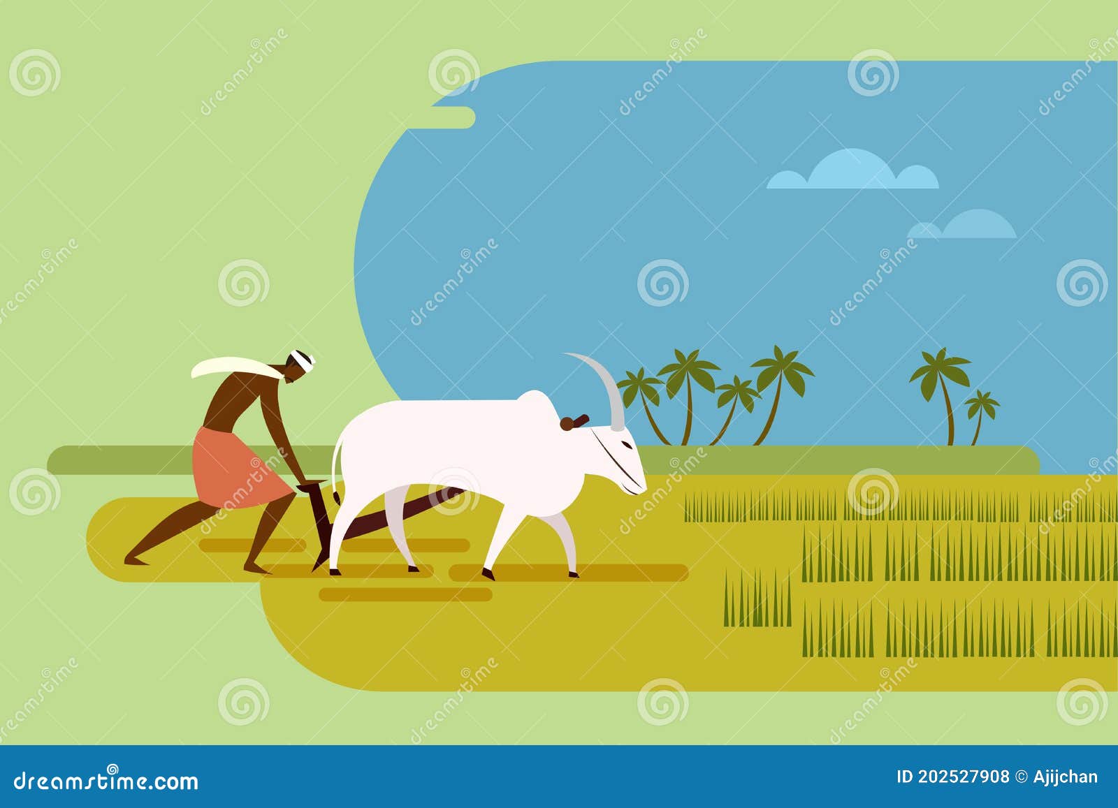 Farmer Plows Farm With A Pair Of Bullocks Cartoon Vector ...