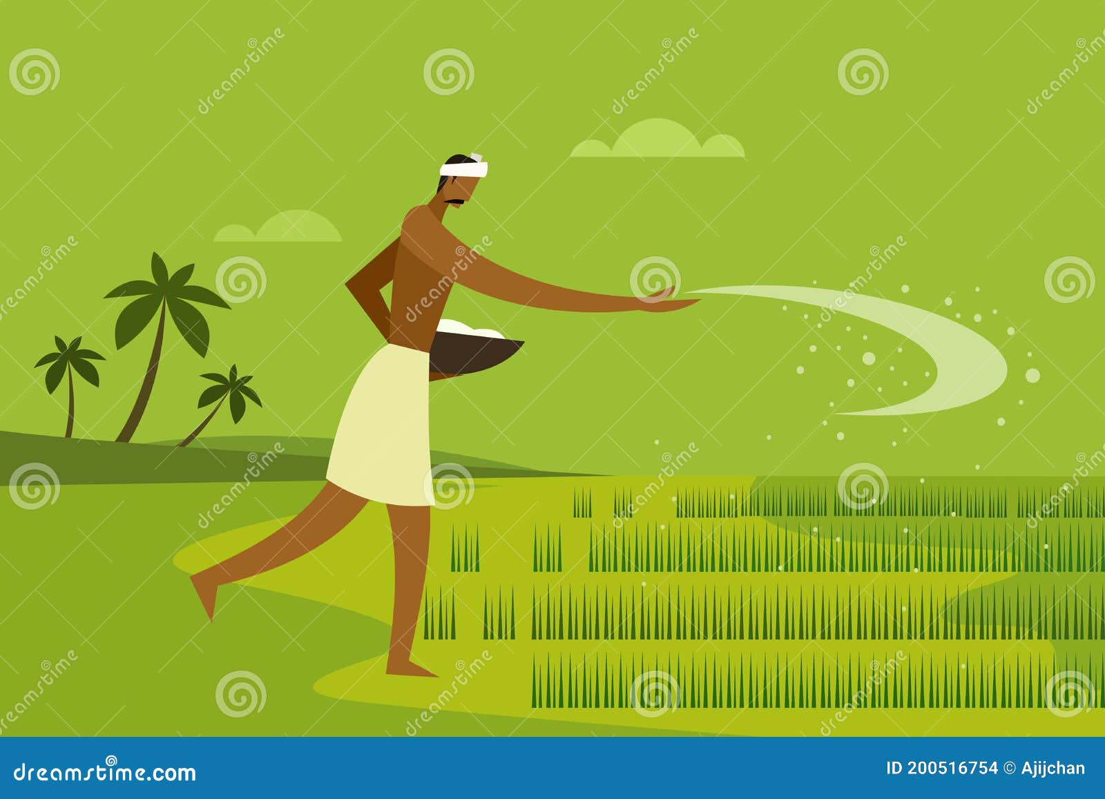 Farmer Spreading Fertiliser in the Paddy Field Stock Vector ...
