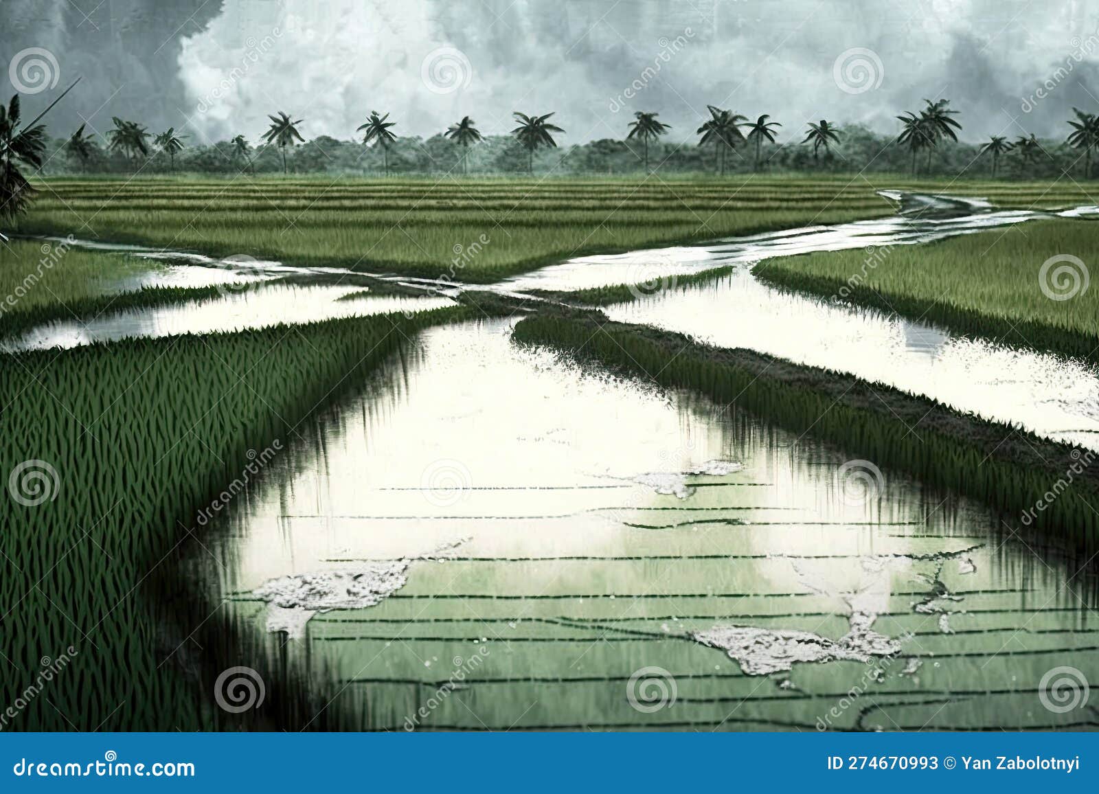 A Paddy Field Flooded with Water Its Raining. Generative AI Stock ...