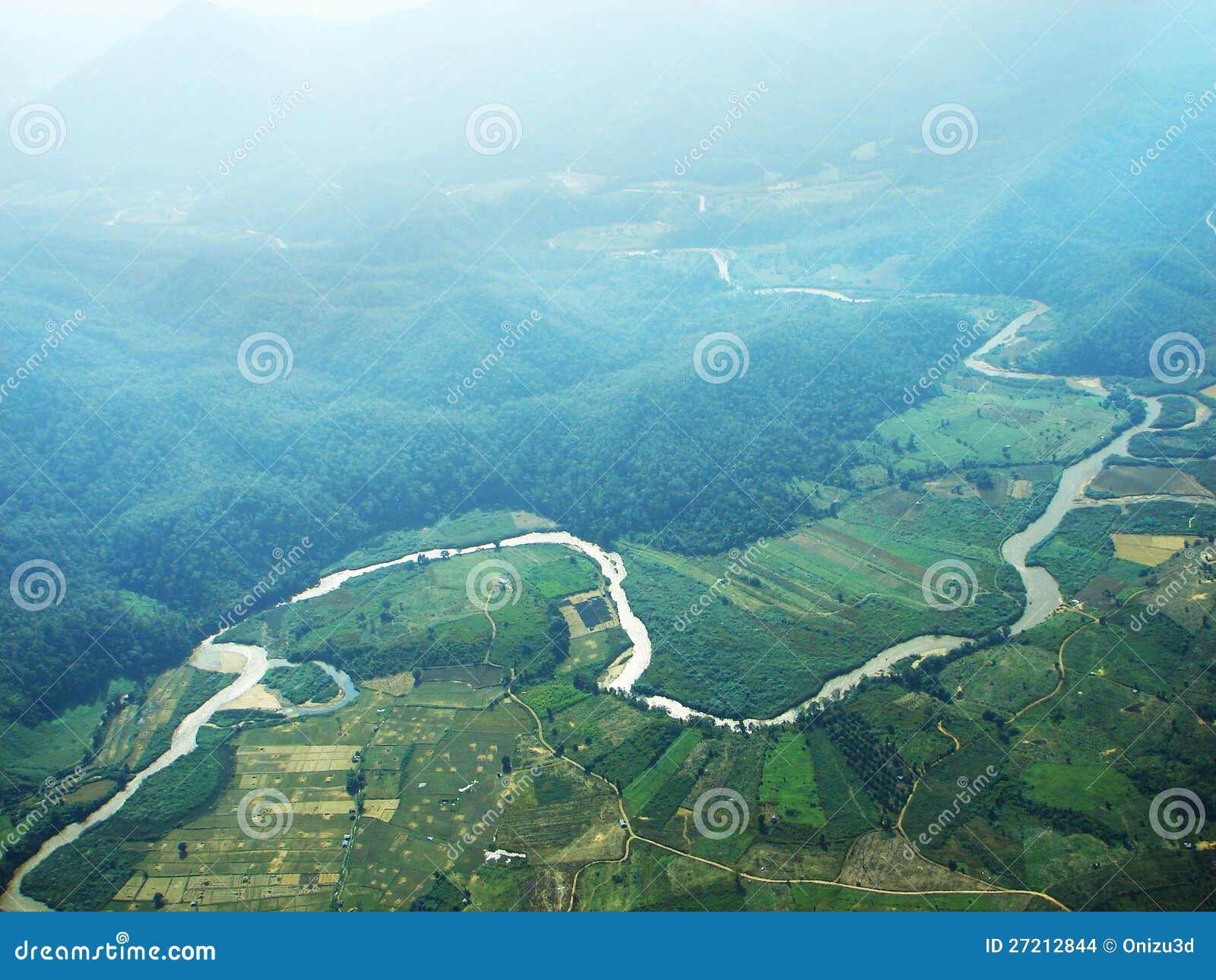 Paddy Field, Mountain and River in Top View Stock Photo - Image of ...