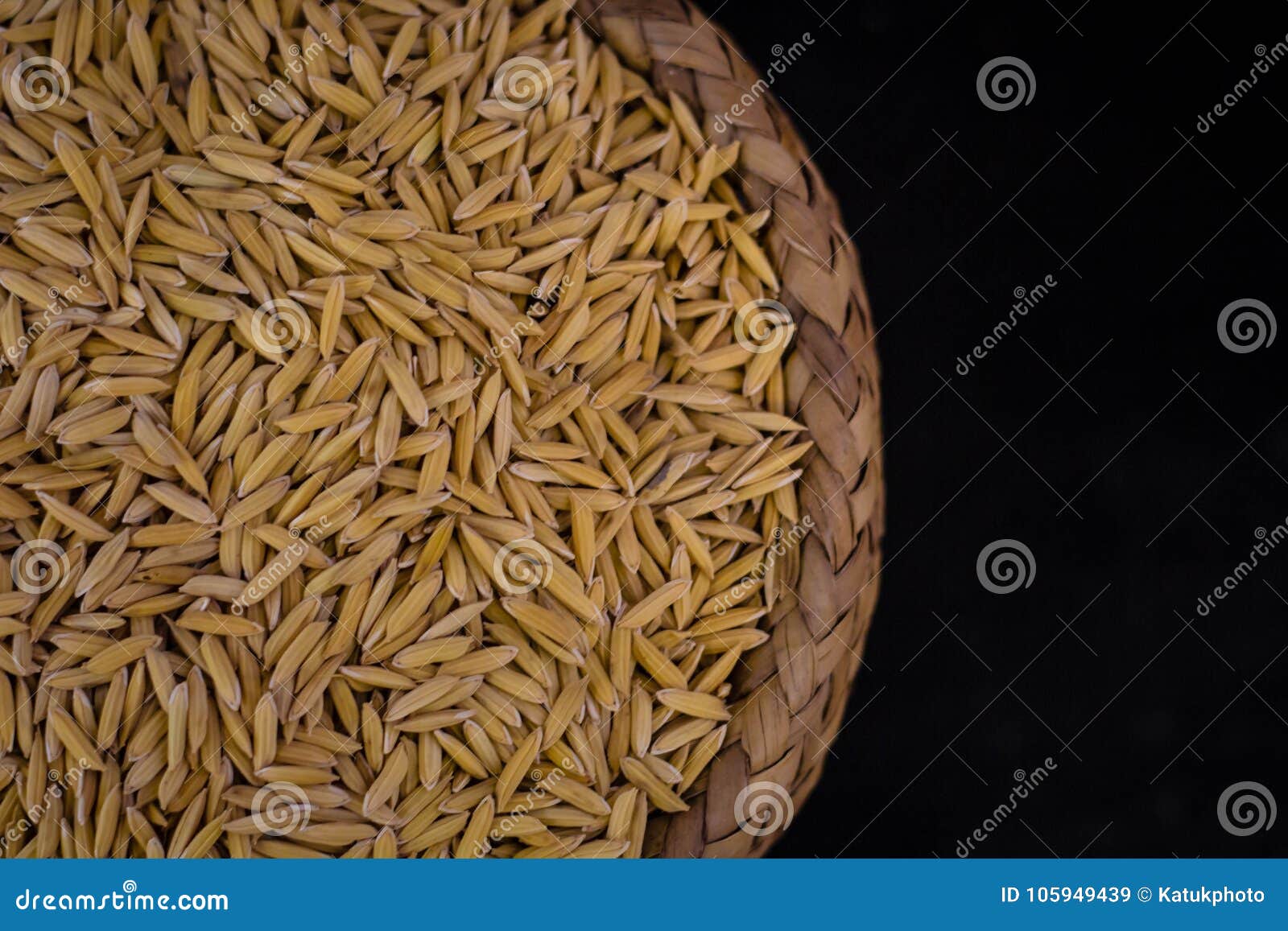 Paddy Rice in Bamboo Basket with Black Background and Blurred Image ...