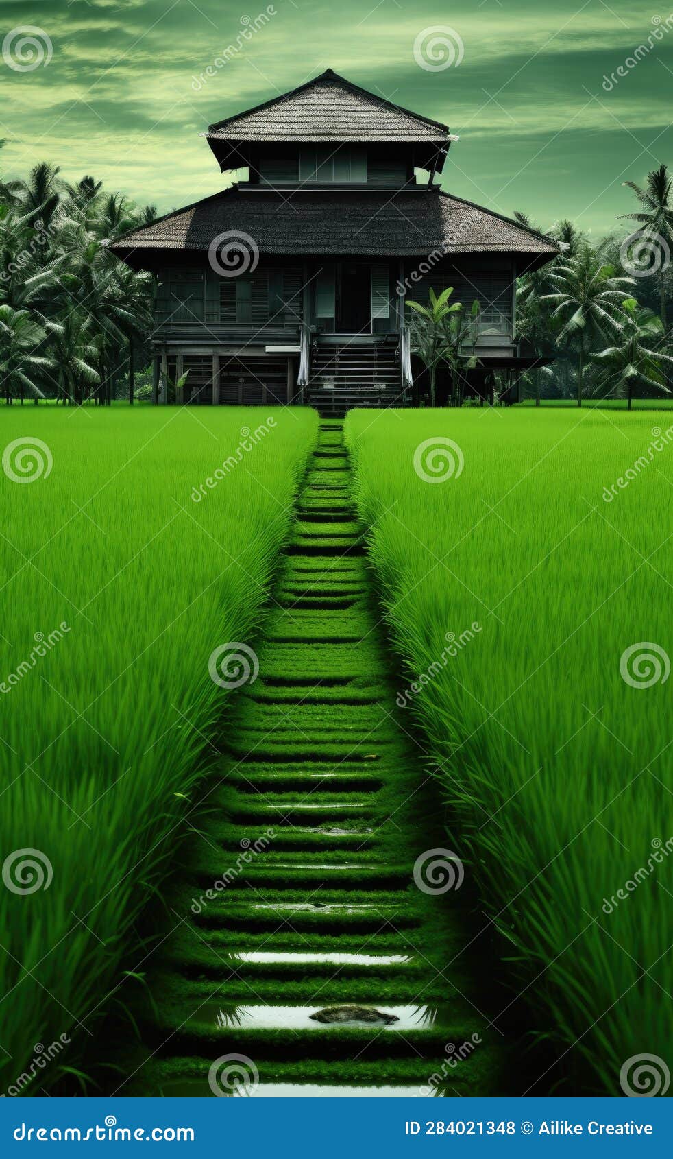 Paddy Rice Field and Wooden House Stock Illustration - Illustration of ...
