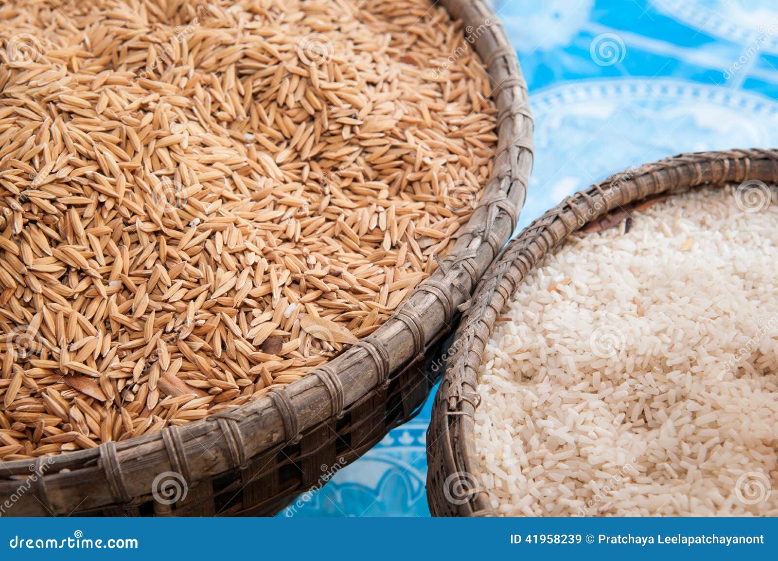 Paddy Rice and Rice in Bamboo Basket Stock Image - Image of eating ...