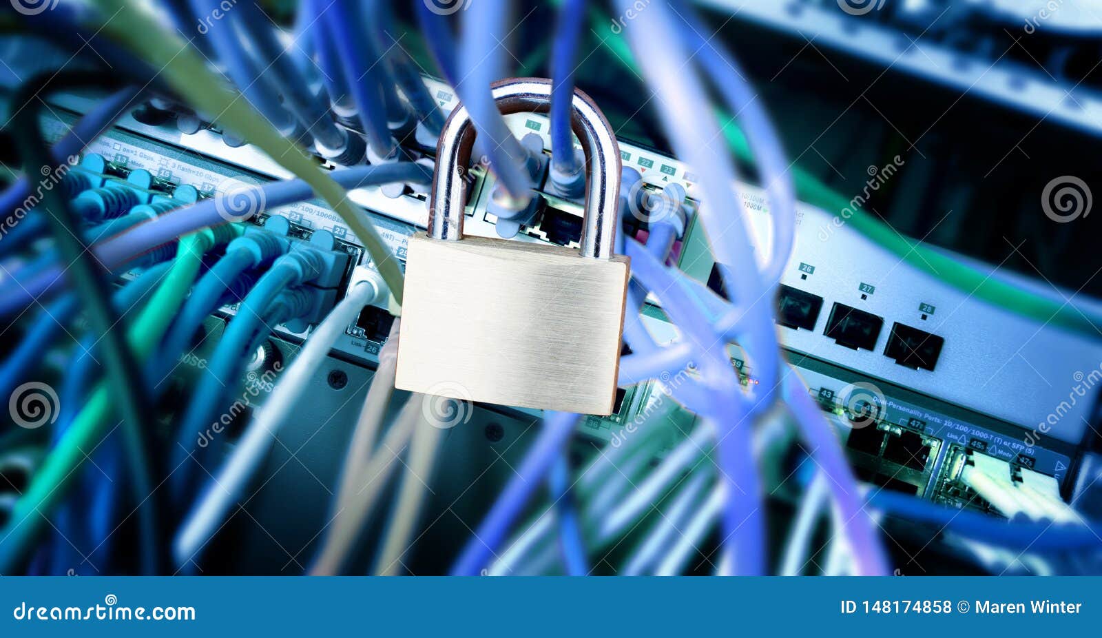 Padlock on the Cables at a Network Server, Safety Concept, Color Effect ...