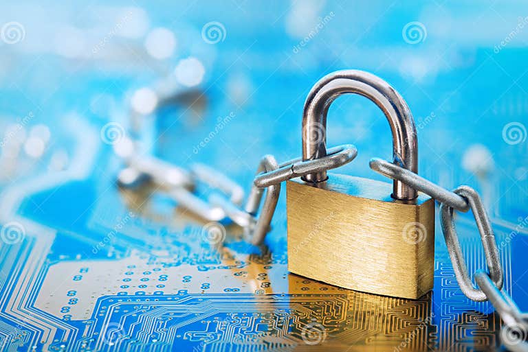 Padlock with Chain on the Electronic Printed Circuit Board. it and Net ...