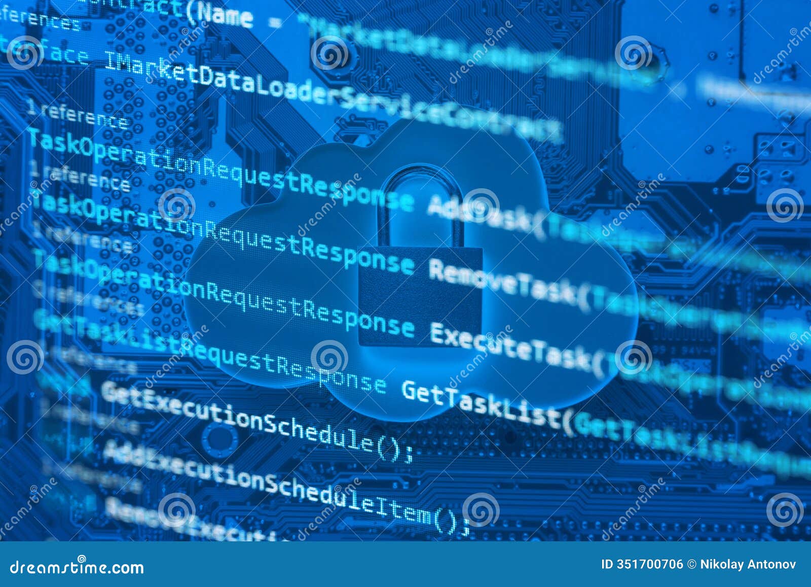 Padlock on Cloud and Computer Motherboard with Coding Programmer Language Script Text. Internet ...