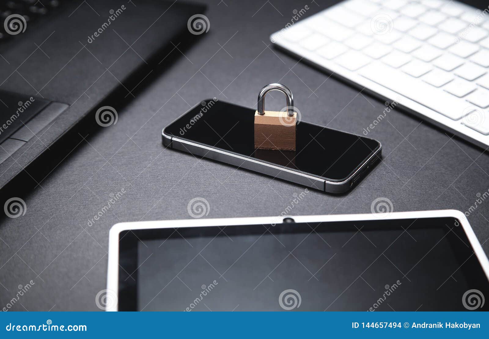 Padlock with Computer Keyboard, Laptop, Smartphone and Tablet. Internet ...