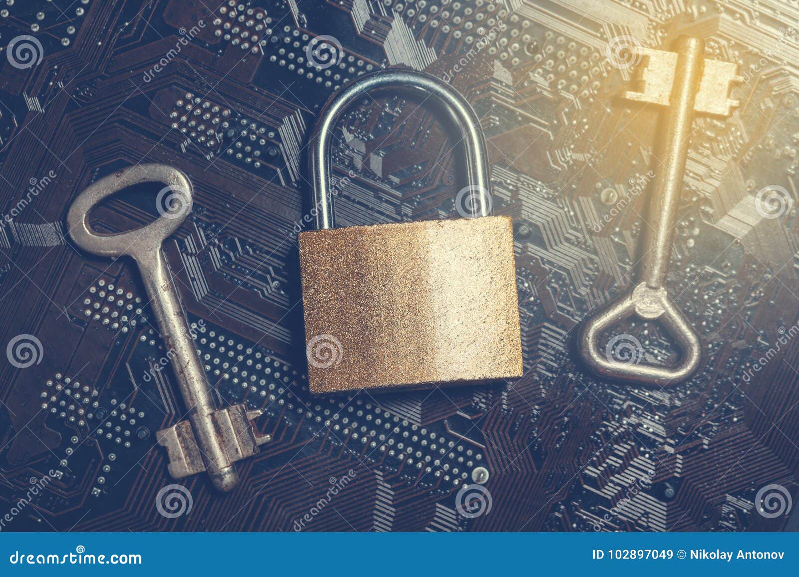 Padlock on Computer Motherboard with Vintage Keys. Internet Data ...