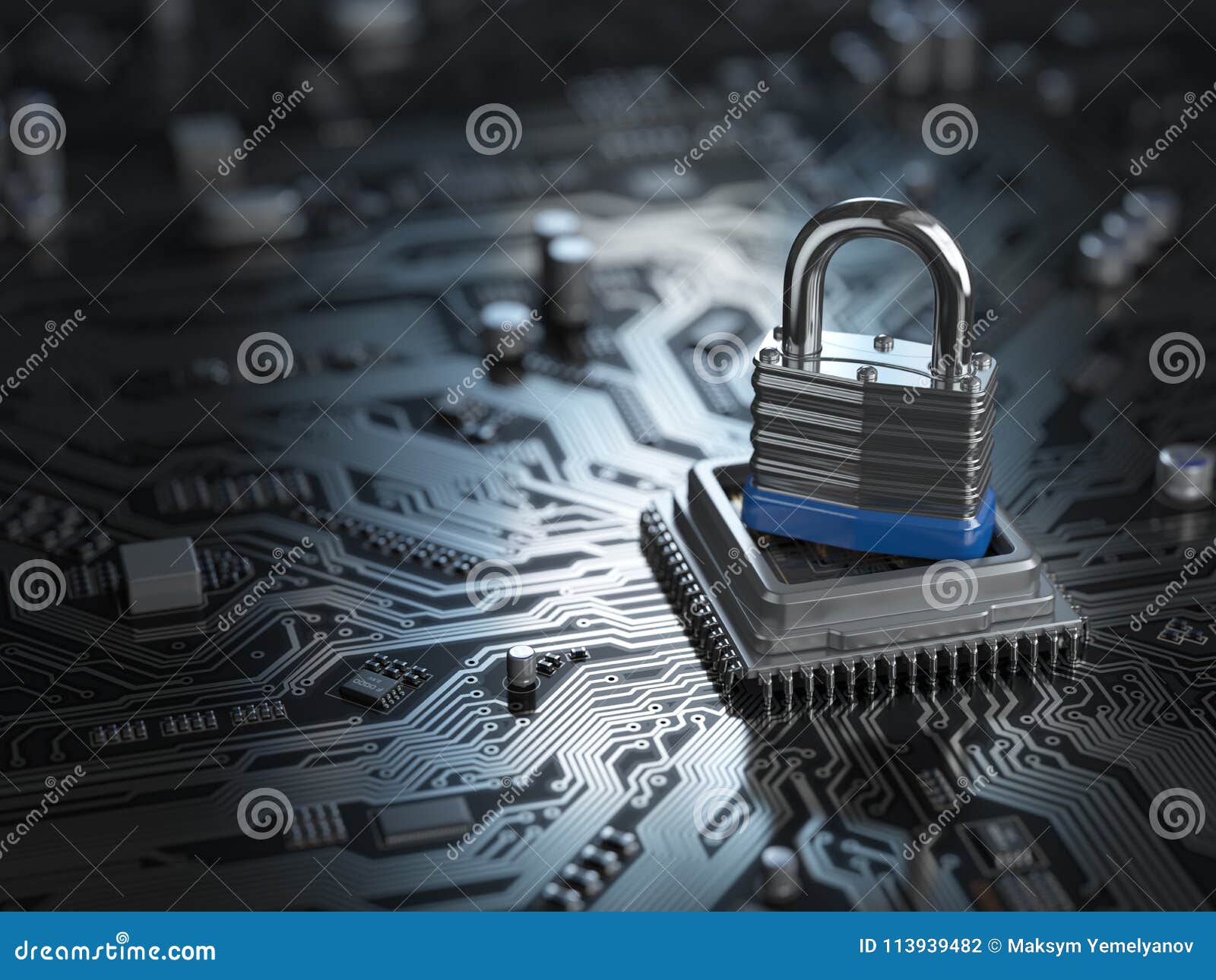 Padlock on CPU Computer Circuit Board. Lock Over the Motherboar Stock ...