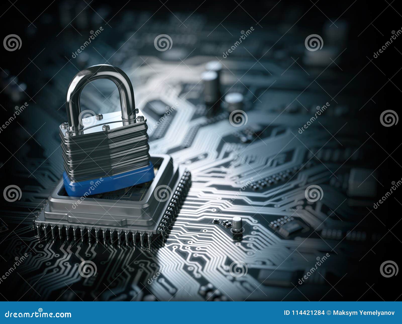 Padlock on CPU Computer Circuit Board. Lock Over the Motherboar Stock ...