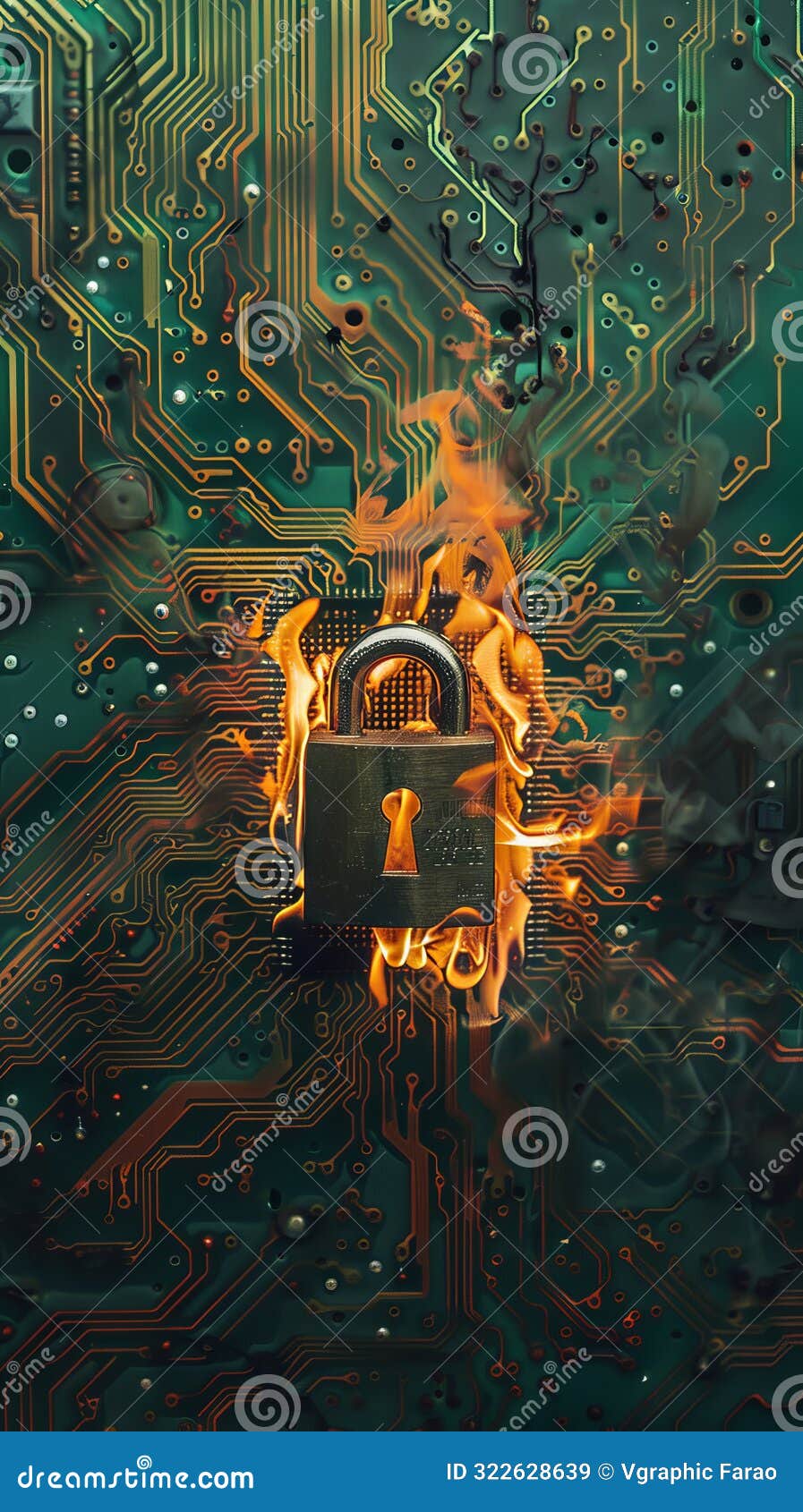 Padlock on Fire Over Computer Motherboard, Cybersecurity Breach Concept ...