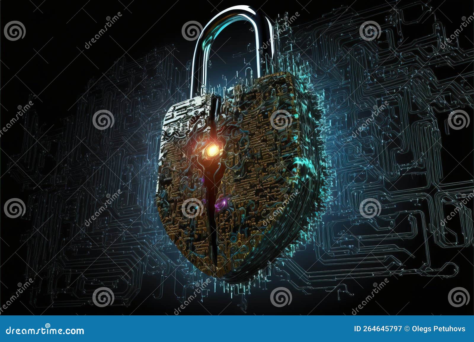 A Padlock with a Glowing Light Inside of it on a Circuit Board ...