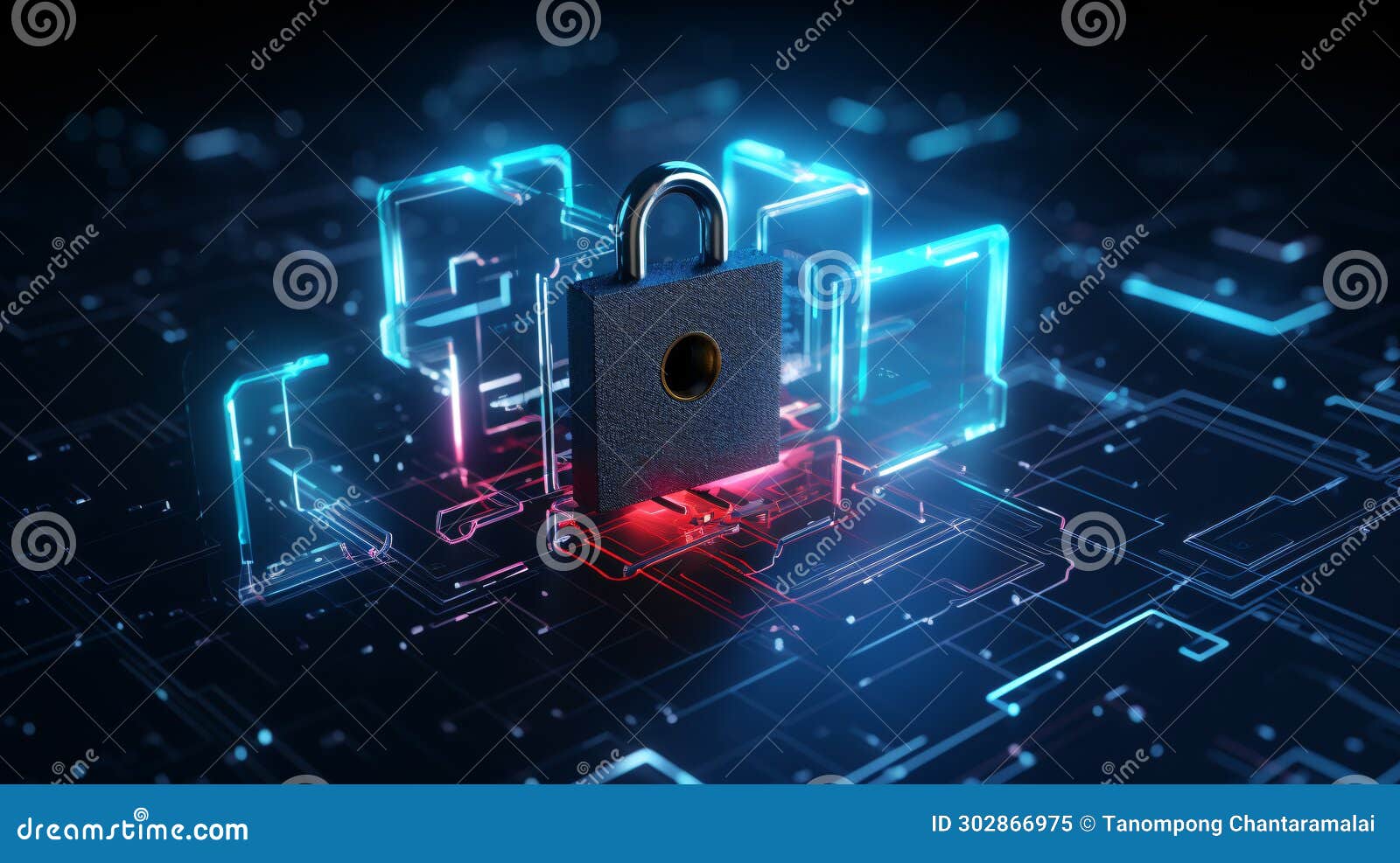 A Padlock and Hi Tech Digital Background with Red and Blue Neon Glow ...