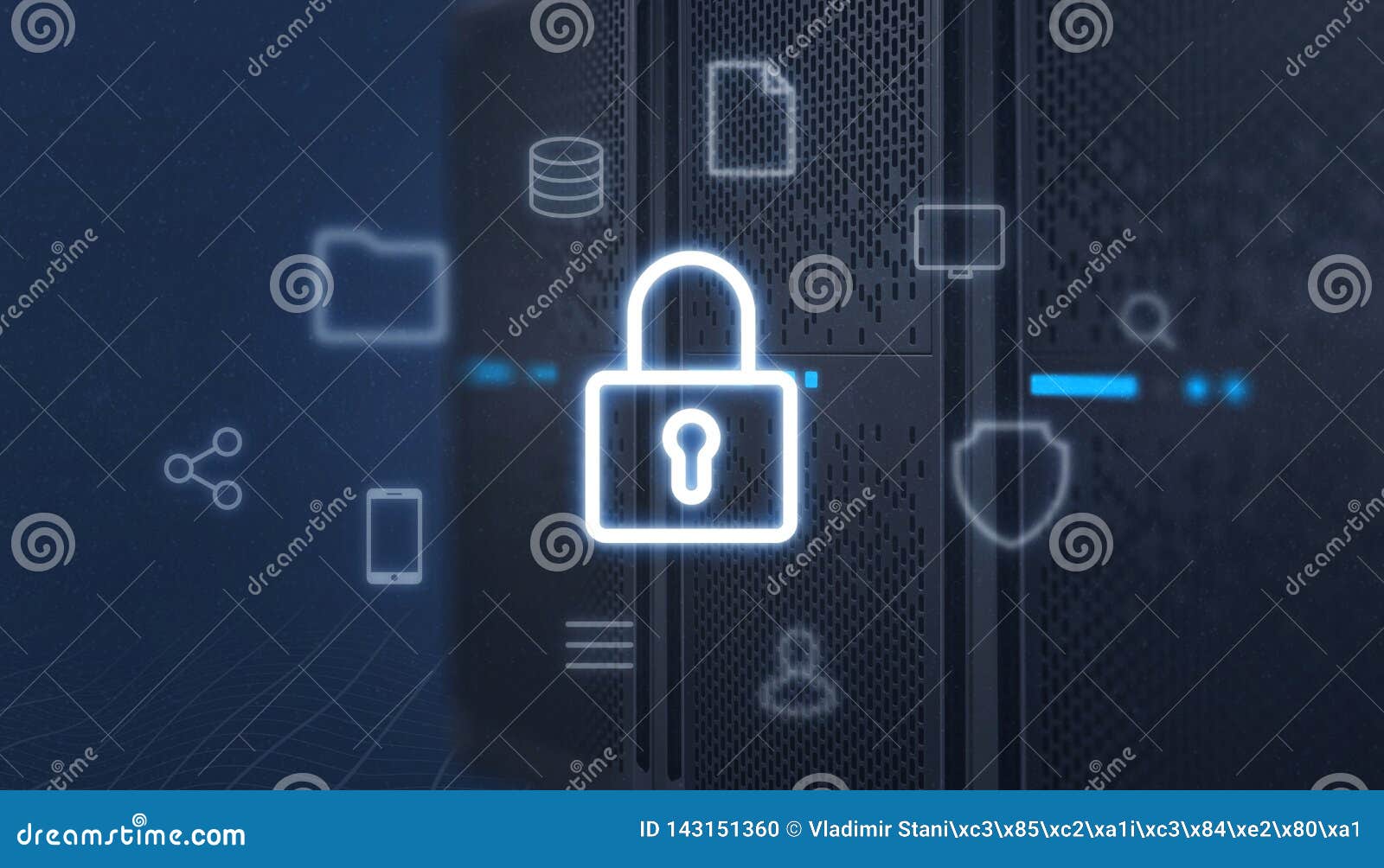 Padlock Icon Front of the Server, Surrounded with Online Services Icons ...