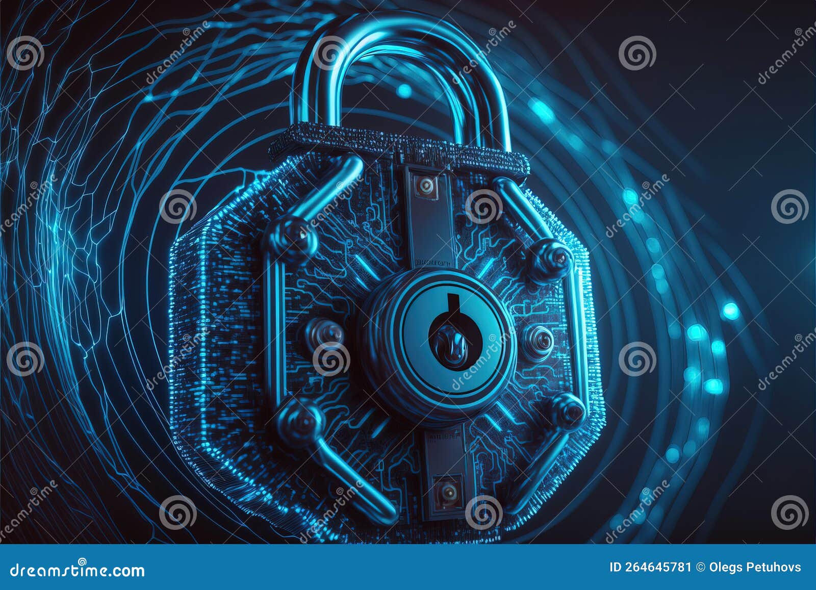 A Padlock with a Key on it in a Blue Background with Lines and Dots ...