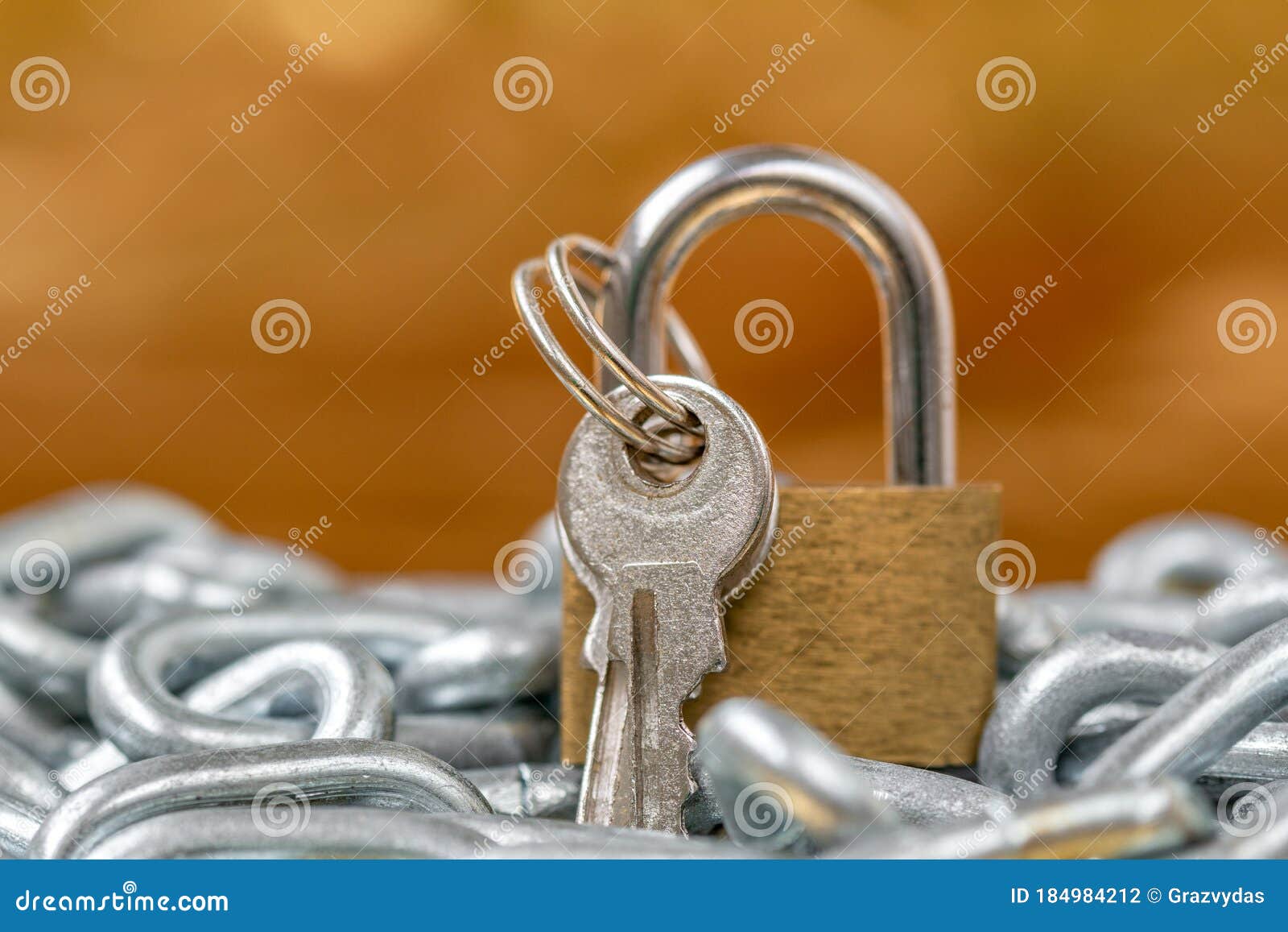 Padlock with Keys on the Pile of Metal Chain Stock Photo - Image of ...