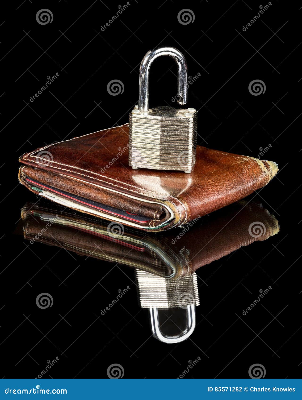 Padlock on a Leather Wallet Stock Photo - Image of open, security: 85571282