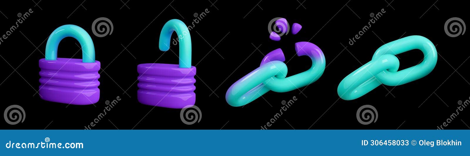 Padlock, Open Lock, Chain and Weakness Chain Link 3d Vector Icon Set on ...