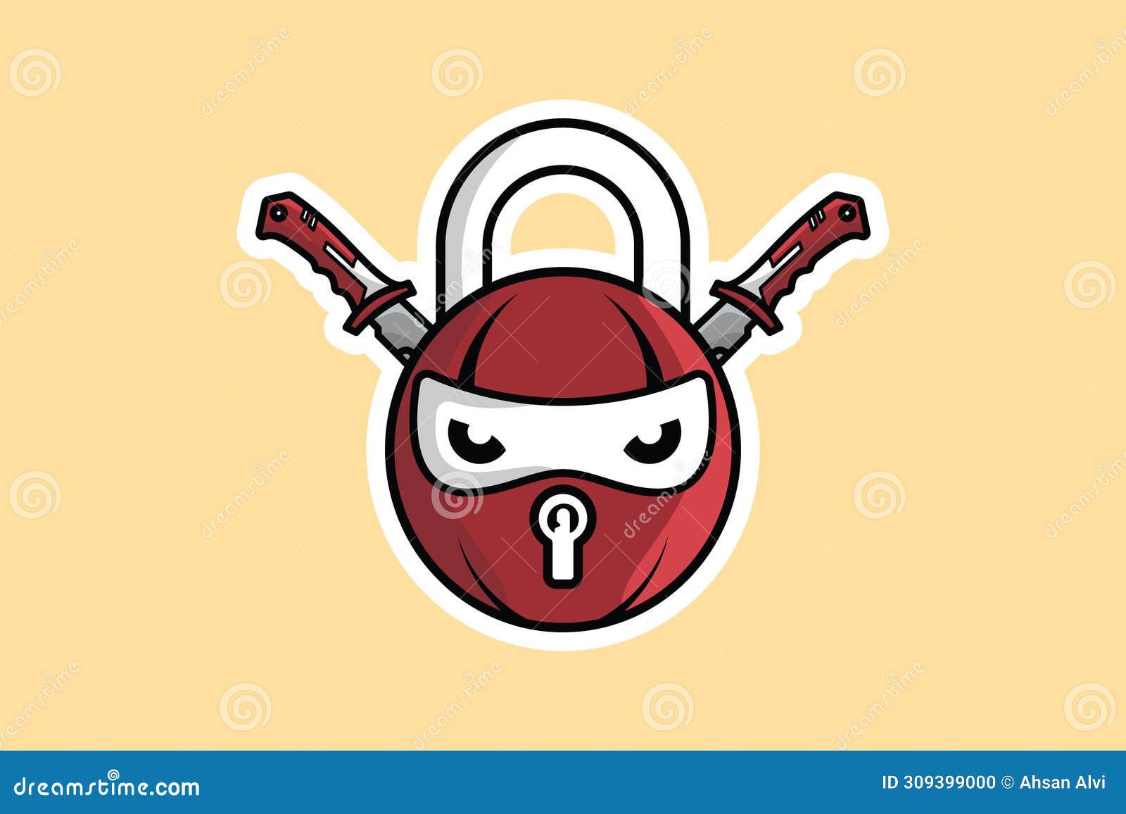 Padlock Secure with Ninja Cartoon Sticker Vector Illustration ...